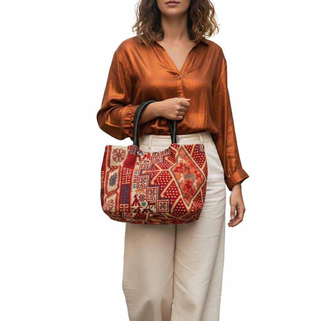 Vintage Genuine Leather & Woven Rug Shoulder Bag | Anatolian Sumak ...